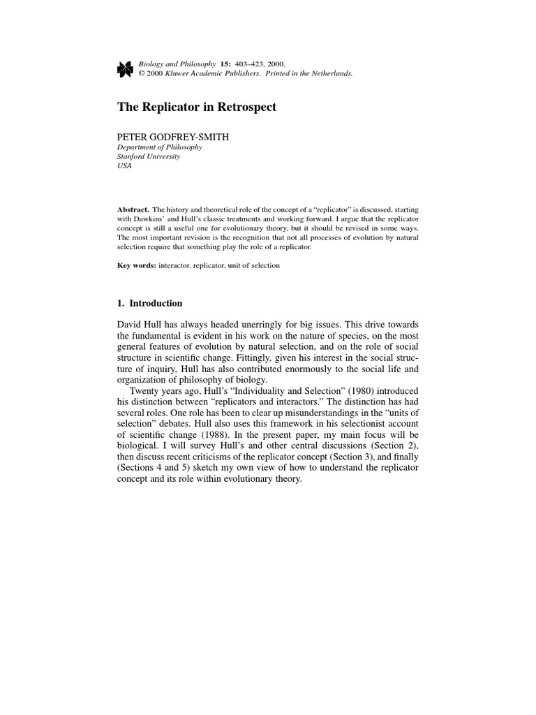 Peter Godfrey-Smith - The Replicator in Retrospect | PDF | Natural Selection | Evolution
