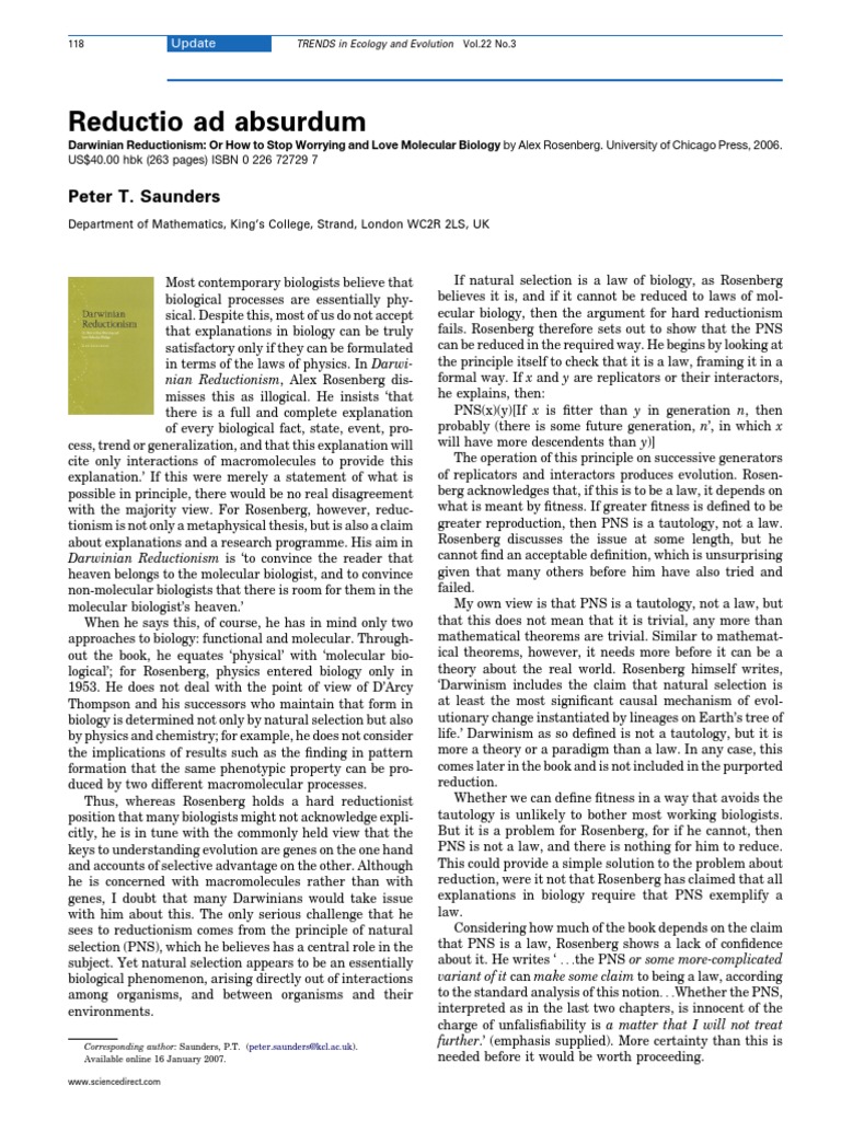 Peter T. Saunders - Reductio Ad Absurdum | PDF | Natural Selection ...
