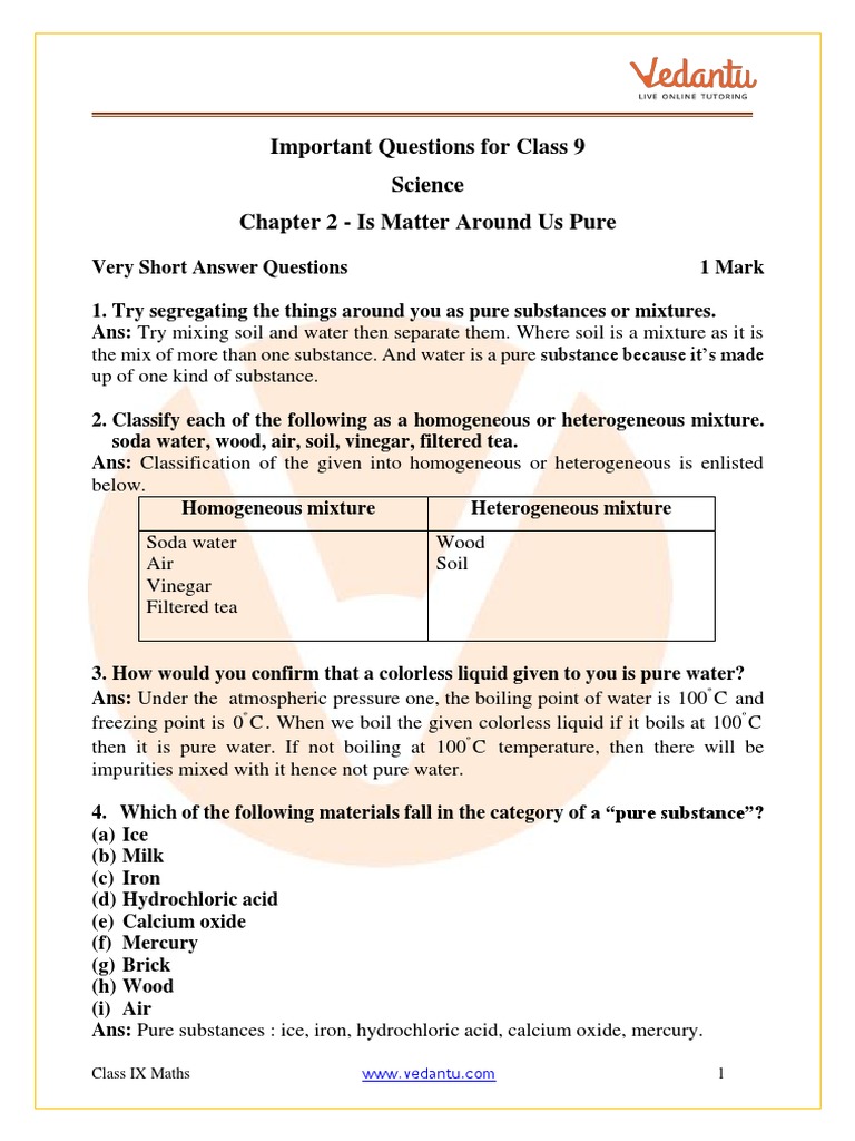 CBSE Class 9 Science Chapter 2 - Is Matter Around Us Pure Important ...