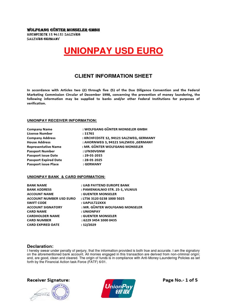 UnionPay Receiver Information Sheet | PDF | Money Laundering | Payments