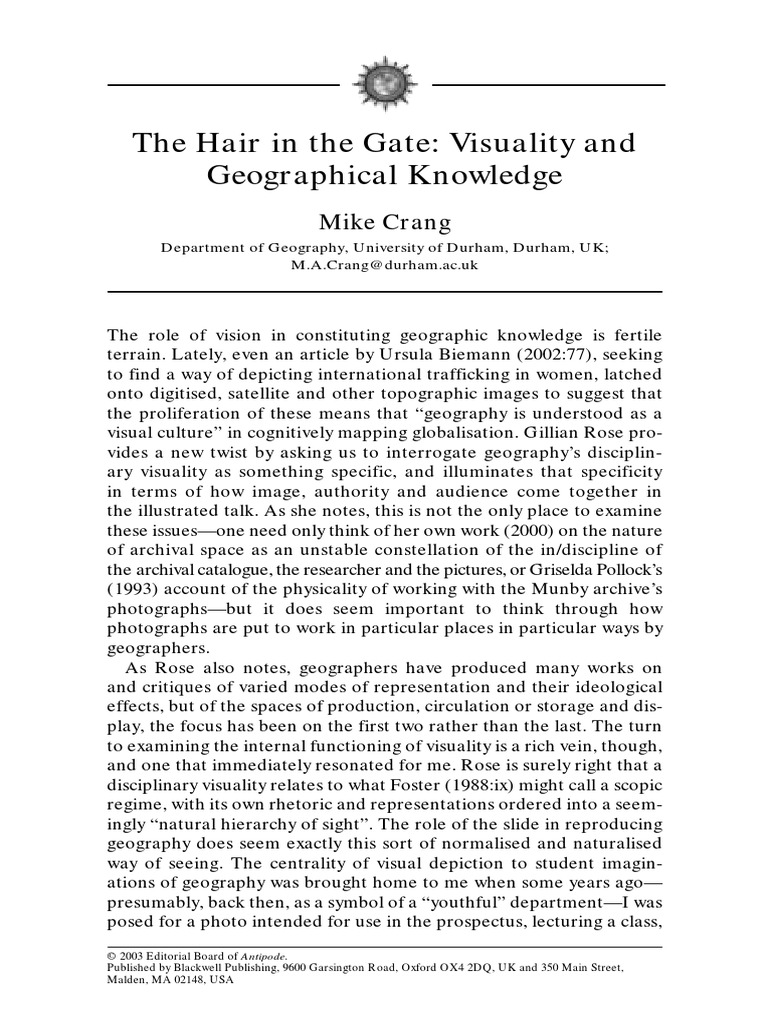 The Hair in the Gate, Visuality and Geographical Knowledge - Mike Crang ...