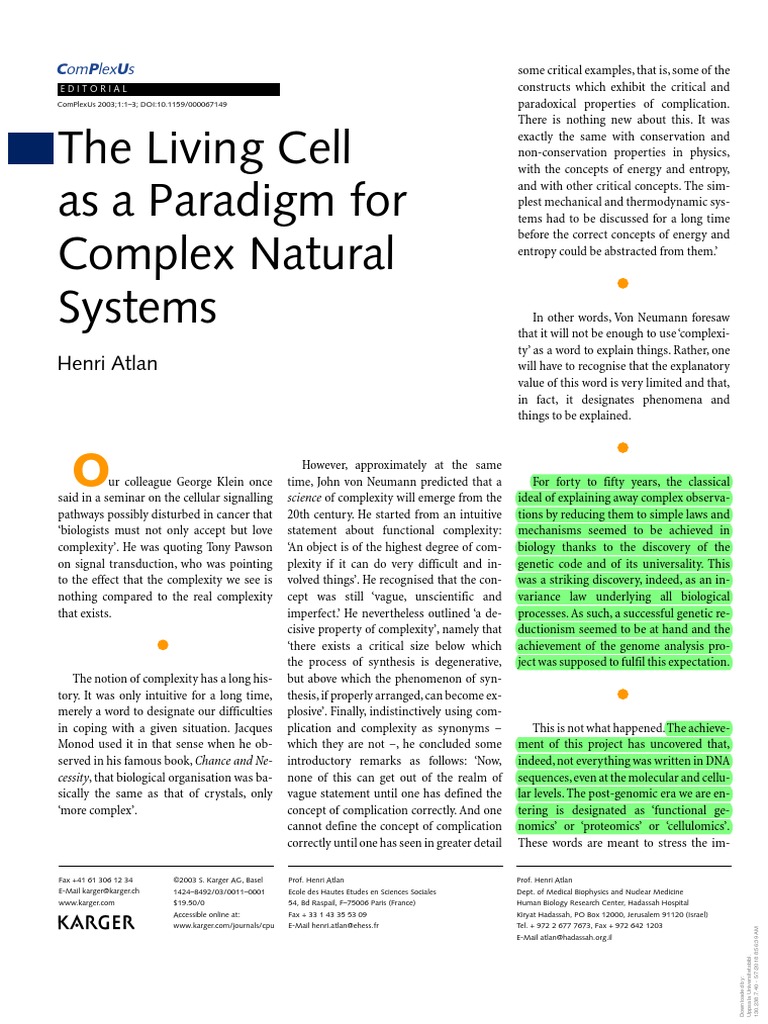 Atlan, Henri - The Living Cell As A Paradigm For Complex Natural ...