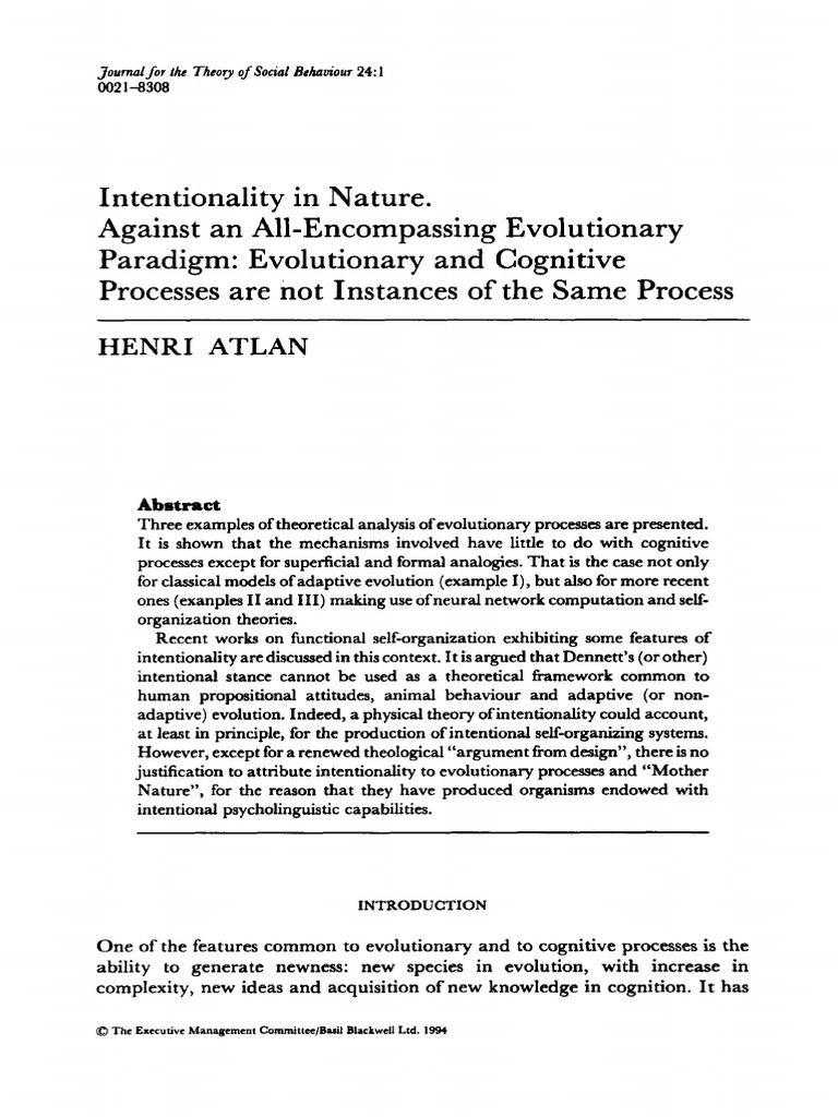 HENRI ATLAN - Intentionality in Nature. Against An All-Encompassing ...