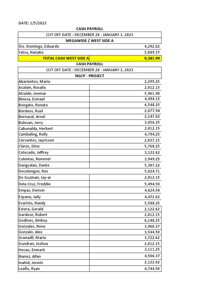 2023 - Cash Payroll | PDF