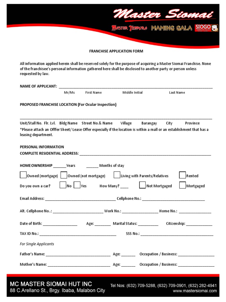 Master Siomai Application Form | PDF | Franchising | Government
