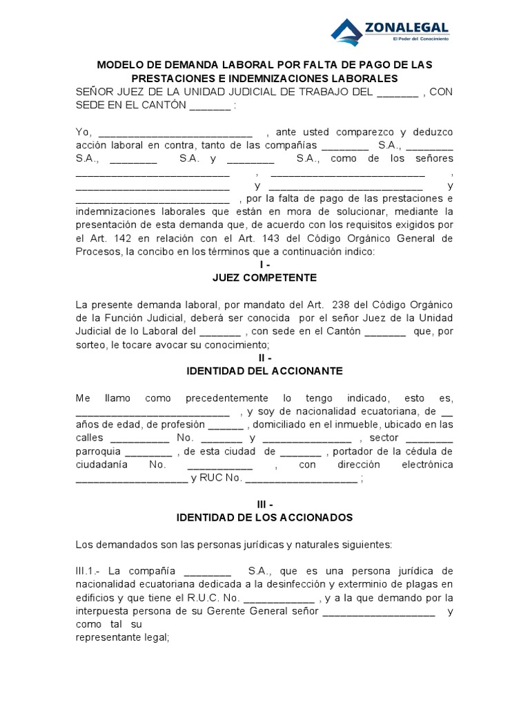 Modelo de Demanda Laboral Por Falta de Pago de Las Prestaciones e ...