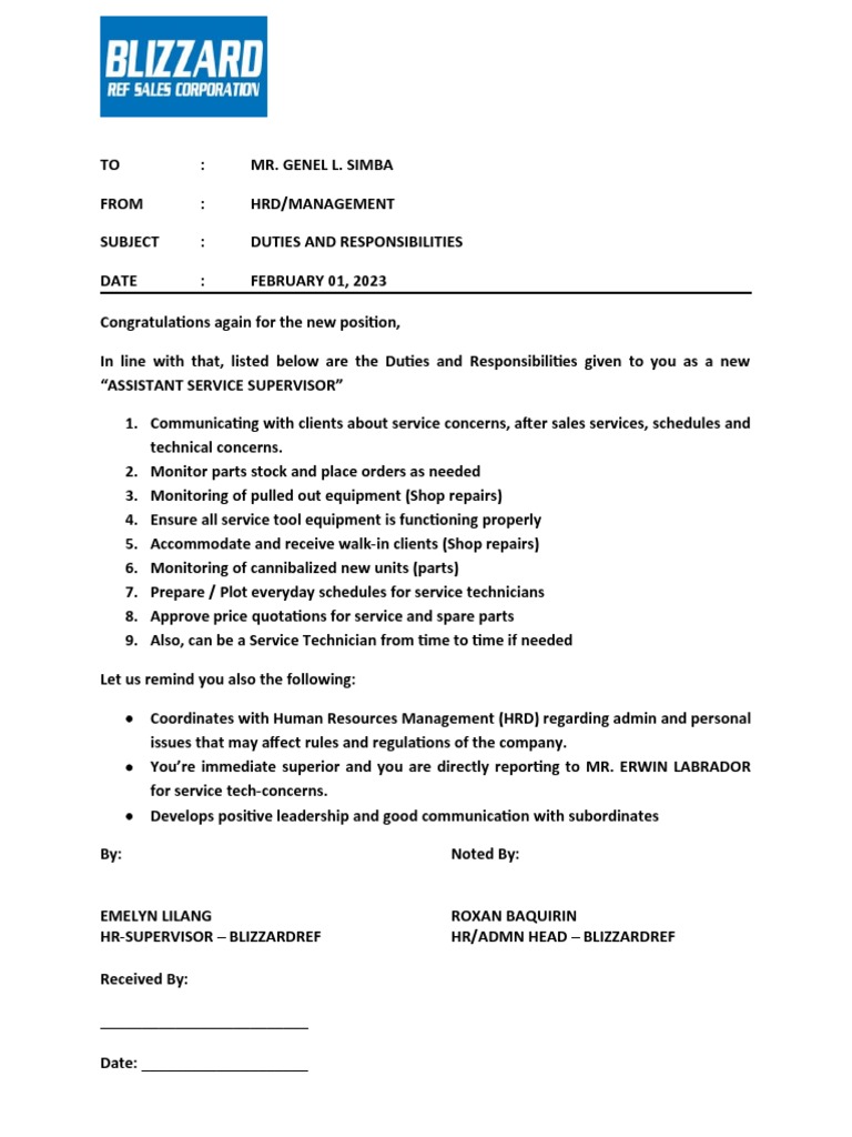 Duties and Responsibilities-Service Supervisor | PDF