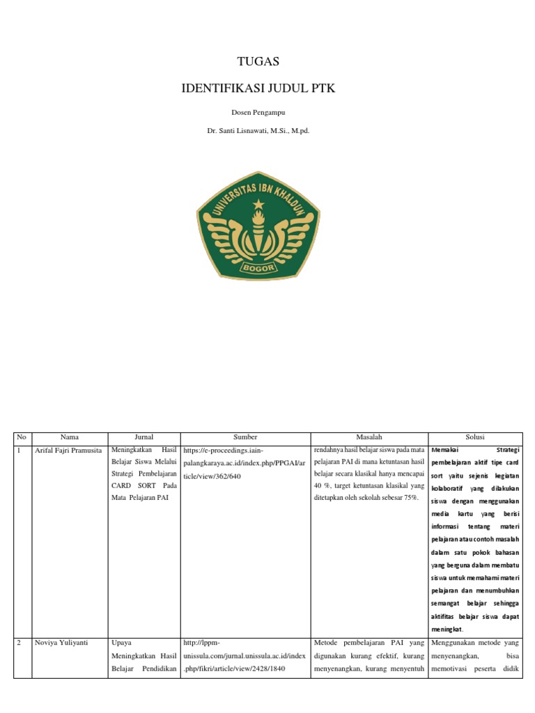 Tugas Identifikasi Jurnal PTK PAI 6A | PDF