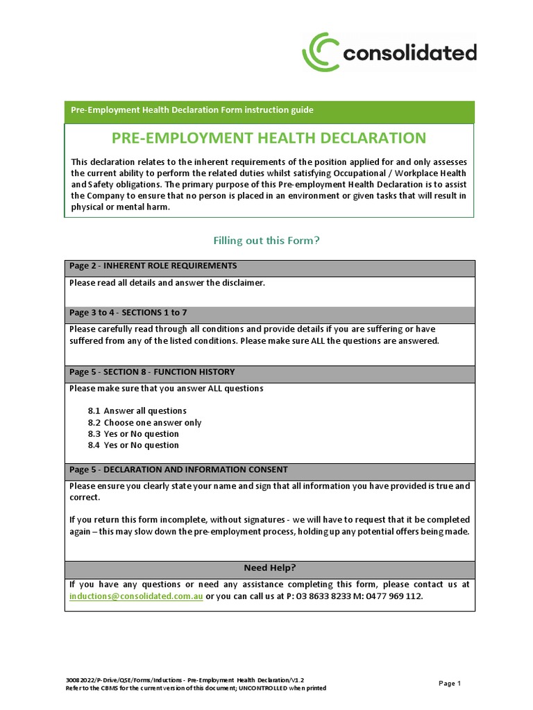 Inductions - Pre Employment Health Declaration - v1.2 | Download Free ...