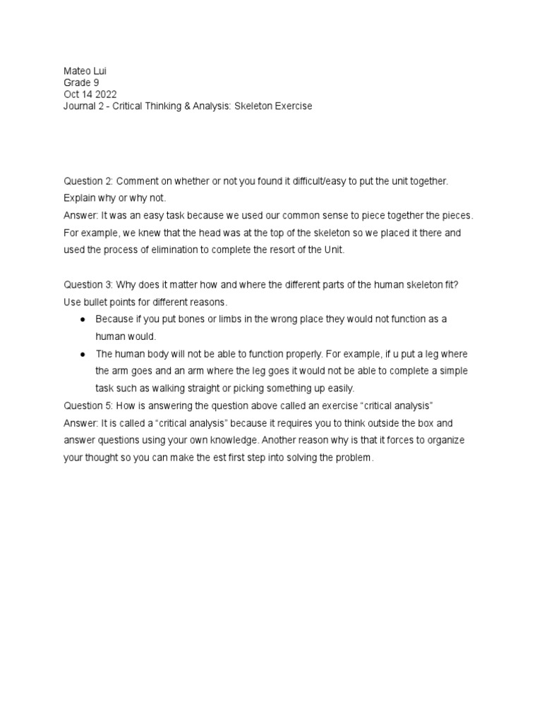 Journal 2 - Critical Thinking & Analysis - Skeleton Exercise | PDF