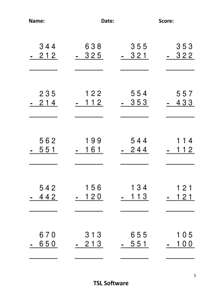 Minus 3 Digit Exercise | PDF