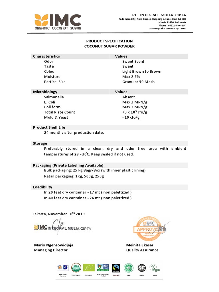 Specification of Coconut Sugar | PDF