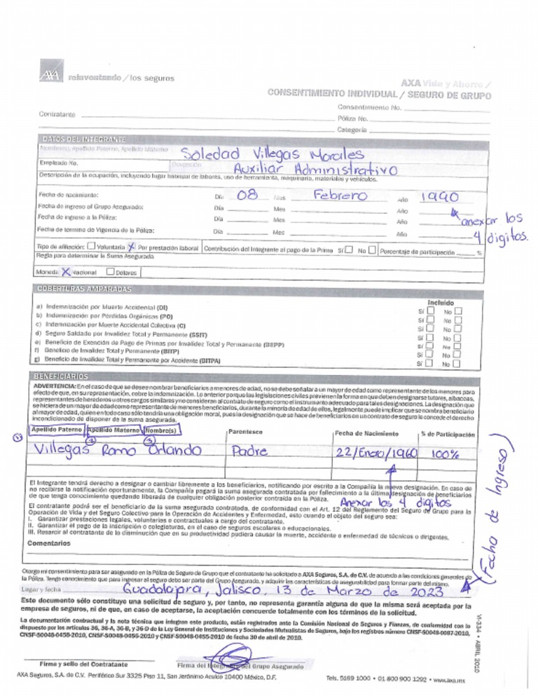Ejemplo de Llenado Formato AXA Seguro | PDF