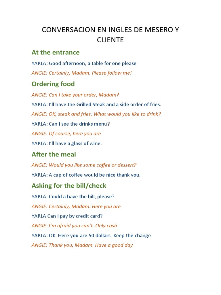 CONVERSACION EN INGLES DE MESERO Y CLIENTE | PDF