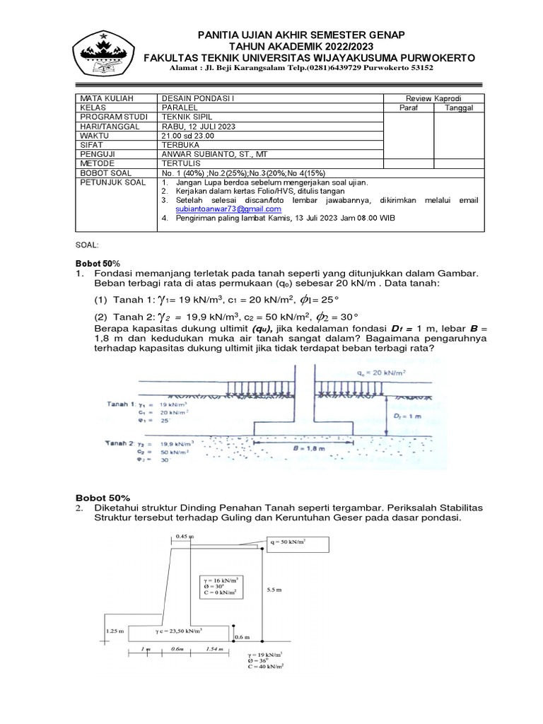 Soal UAS Desain Pondasi I 2022-2023 GENAP - P | PDF