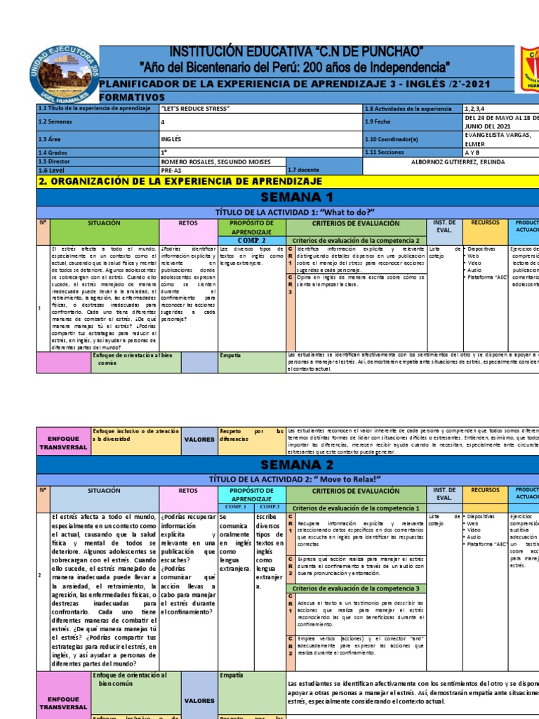 Planificador de La Experiencia de Aprendizaje 3 1º de Secundaria | PDF | Estrés (biología) | Empatía