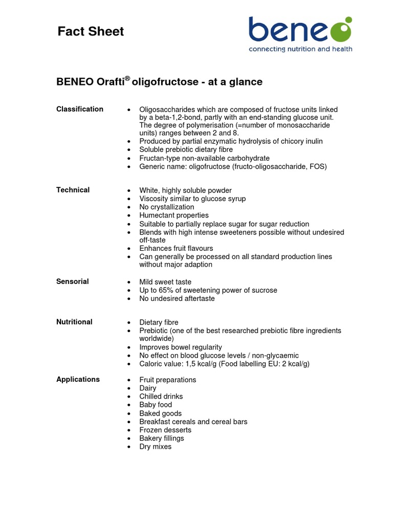 BENEO OnePager Orafti R Oligofructose 2012 1 | PDF | Wellness