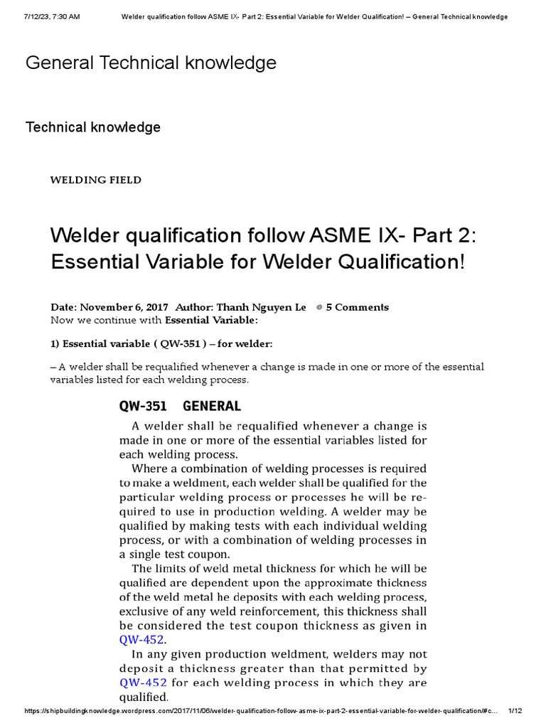 Welder Qualification Follow ASME IX - Part 2 - Essential Variable For Welder Qualification ...