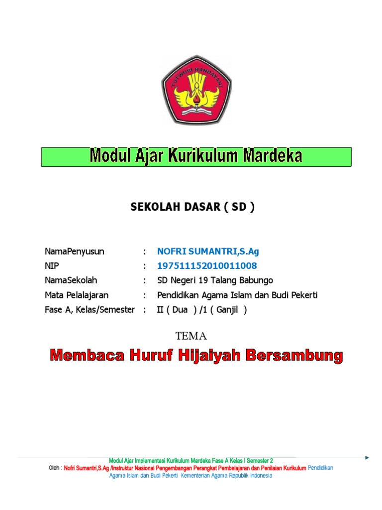 Modul Ajar Huruf Hijaiyah Kelas 1 SD | PDF