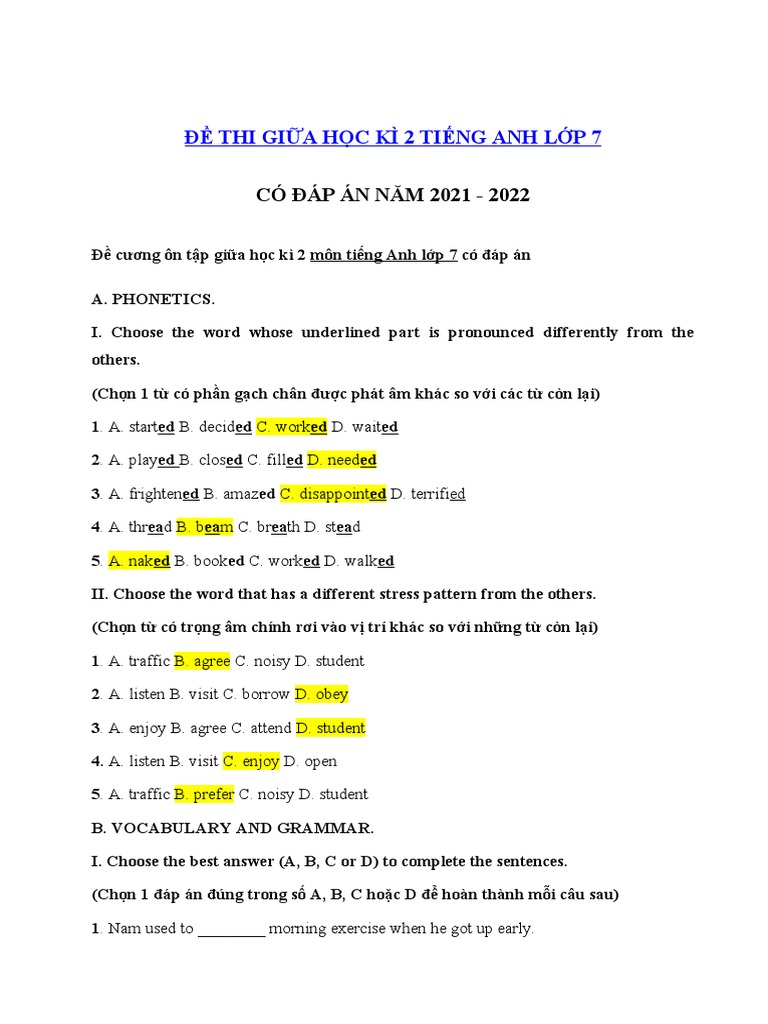 De Kiem Tra Giua Hoc Ki 2 Lop 7 Mon Tieng Anh Chuong Trinh Moi | PDF