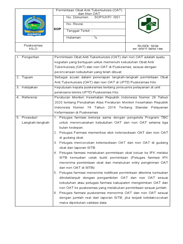 SOP Permintaan OAT di Puskesmas | PDF