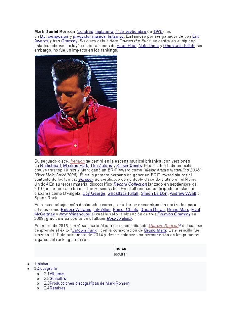 Mark Ronson: Trayectoria Musical y Éxitos | PDF | Industria de la ...