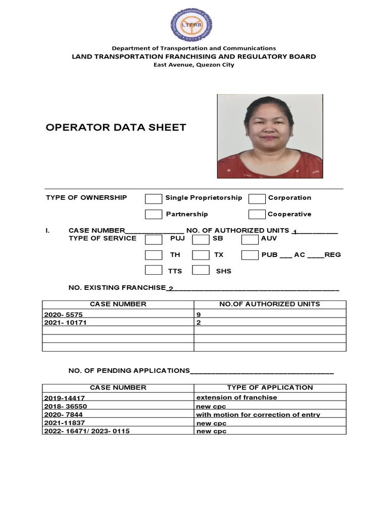 LTFRB Operator Data Sheet | PDF | Common Law | Government