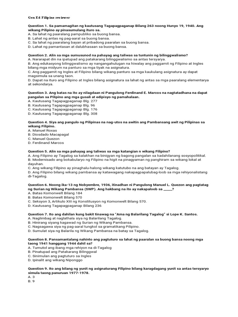 Gen Ed Filipino Reviewer | PDF
