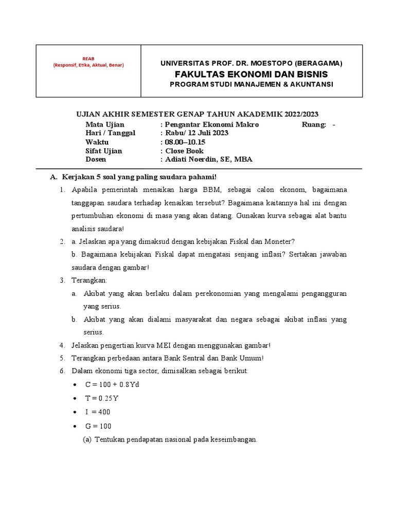 Soal UAS Ekonomi Makro TA 2022-2023 | PDF | Pengelolaan Keuangan & Uang