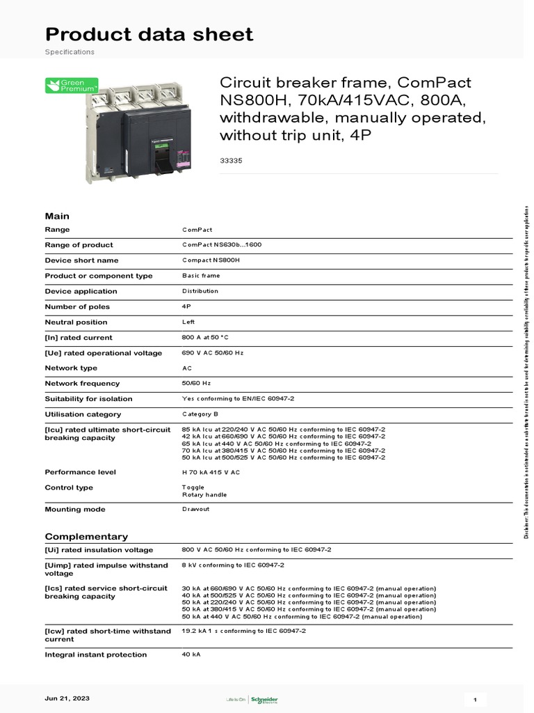 MCCB NSX 800 A, 70ka, 4p, Motorized, Uvt, XF Aux Contact | PDF | Alternating Current ...