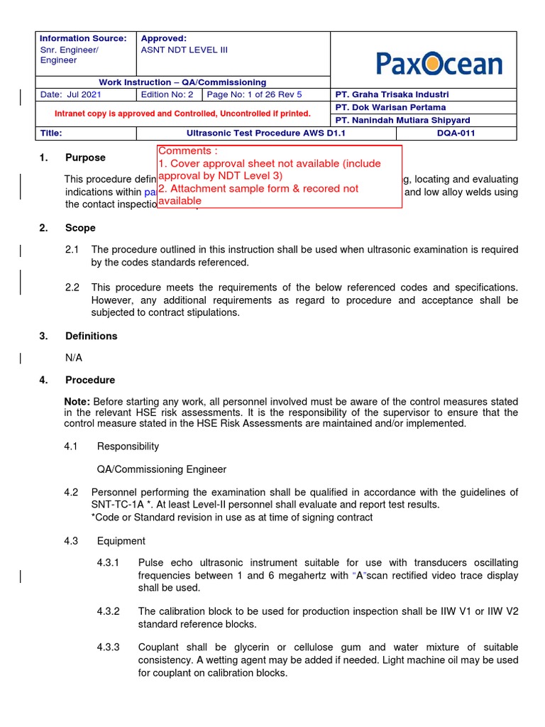 Ultrasonic Test Procedure for AWS D1.1 | PDF | Welding | Construction