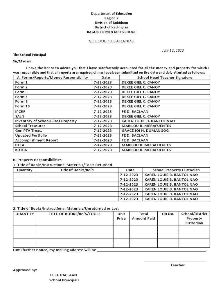 School Clearance 2023 | PDF