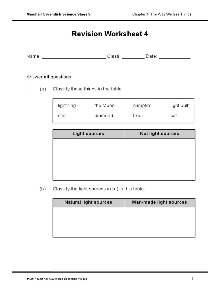 MC Science - Revision WS - Stage 5 - C04 | PDF | Mirror | Flashlight