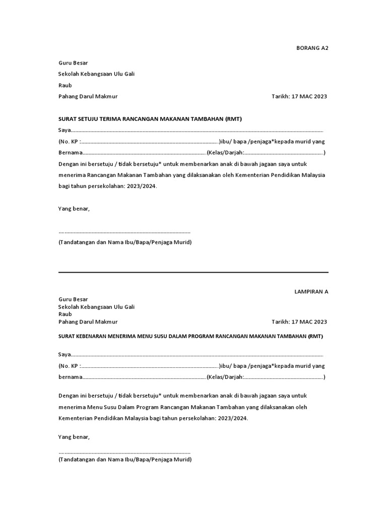 BORANG Setuju Terima RMT A2 | PDF