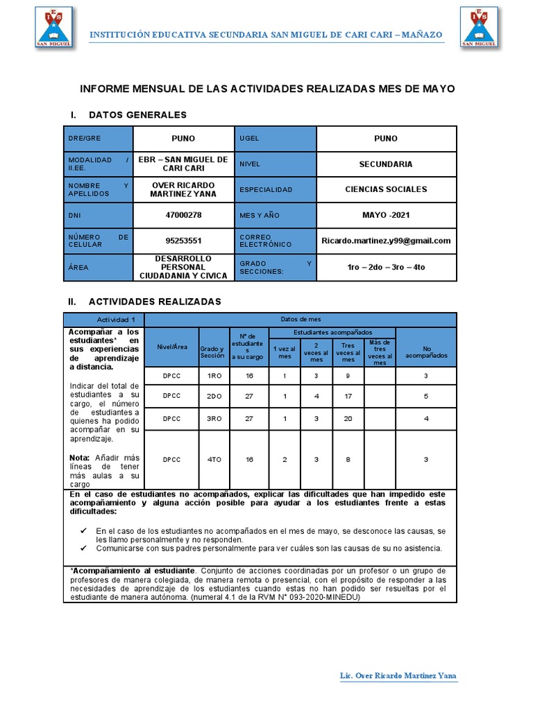 Informe de Mes de Mayo - Ricardo Martinez Yana | PDF
