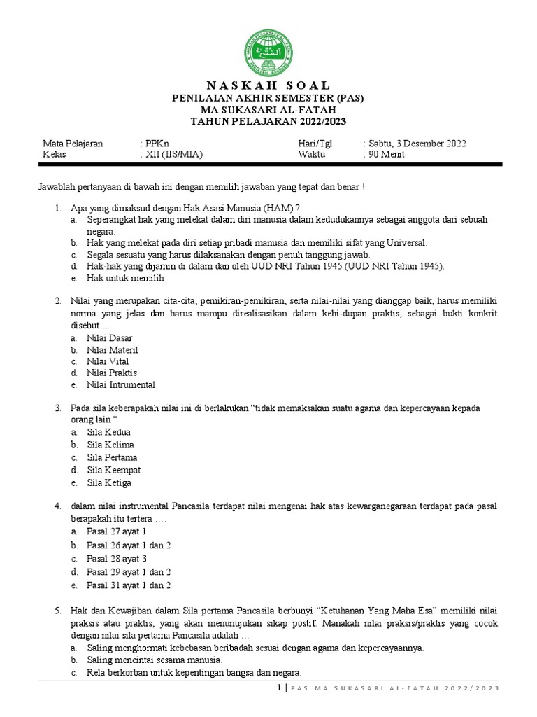 Naskah Soal PPKN Kls Xii Pas 2223 | PDF