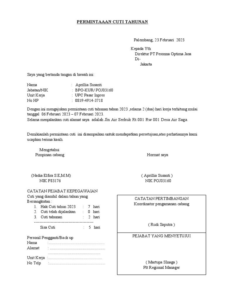 Permohonan Cuti Tahunan 2023 | PDF