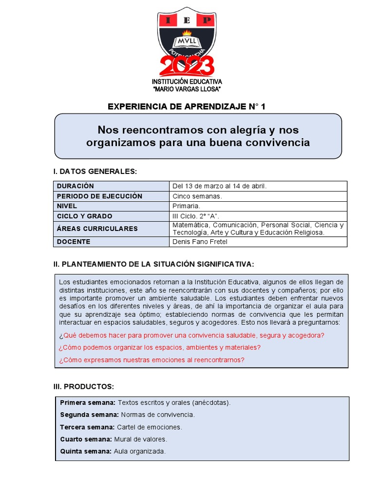 Esquema EXPERIENCIA DE APRENDIZAJE 2023 Ejemplo | PDF | Evaluación | Aprendizaje