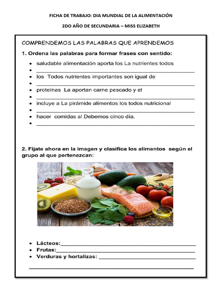Ficha de Trabajo Del Dia de La Alimentación - 2do | PDF | Salud y ...