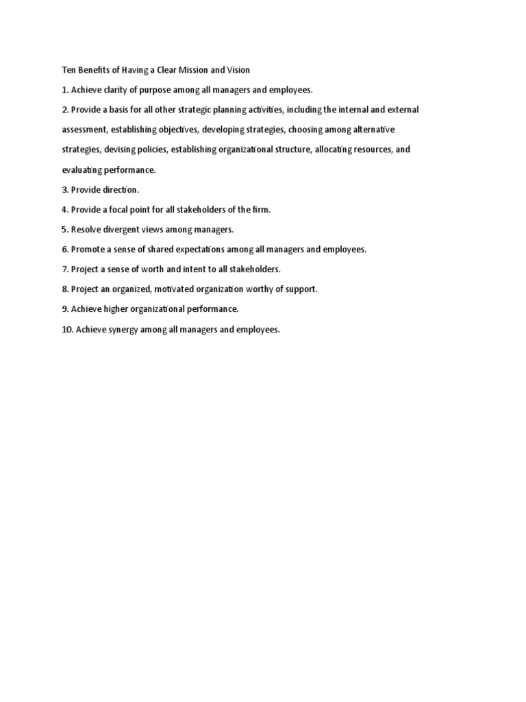 Ten Benefits of Having A Clear Mission and Vision | PDF
