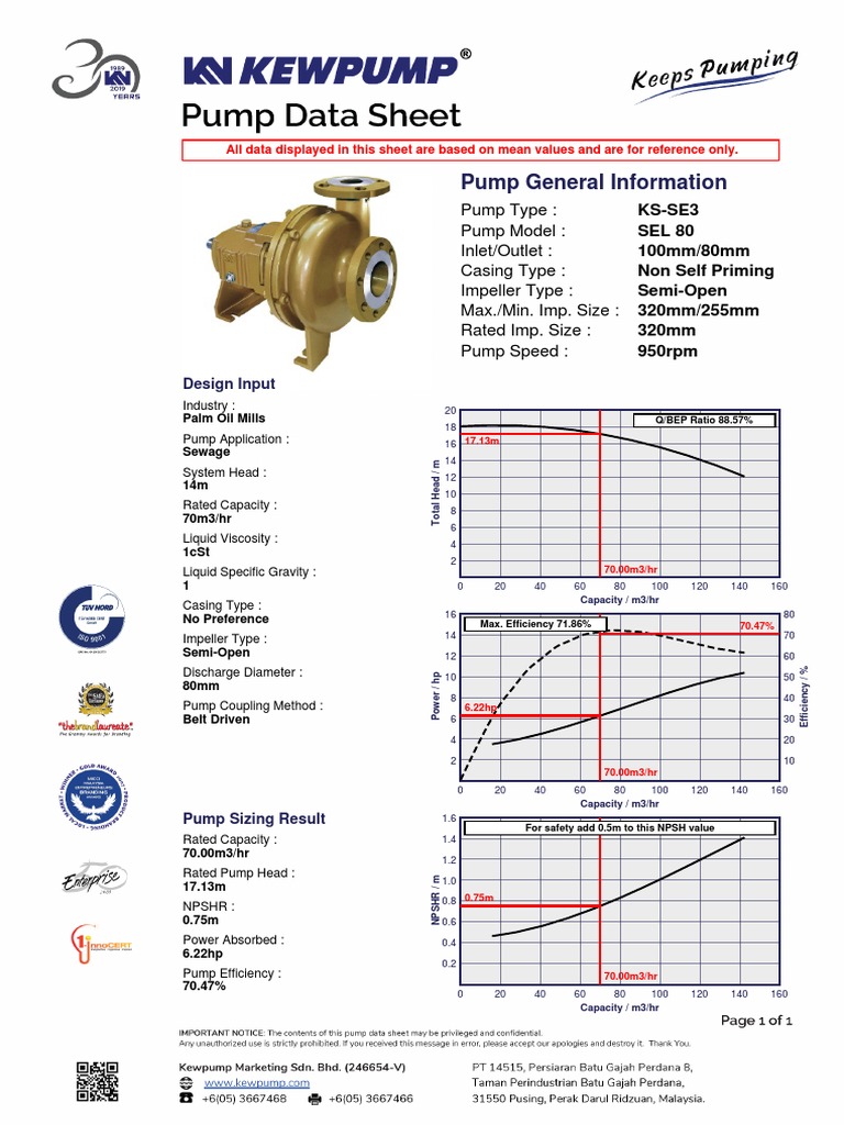KS-SE3 SEL 80 (950rpm, 320mm) Data Sheet-Treated Effluent | PDF | Pump ...