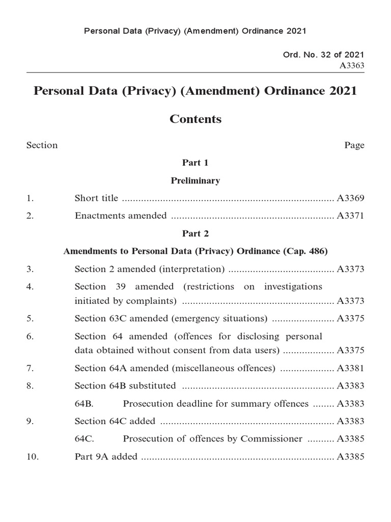 (HK) Personal Data (Privacy) (Amendment) Ordinance 2021 | PDF