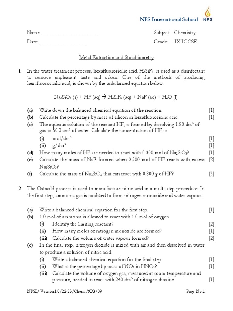 WS Grade 9 IG Chemistry 22-23 - Extraction of Metals and Stoichiometry ...