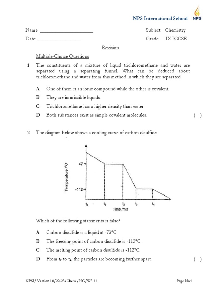 WS Grade 9 IG Chemistry 22-23 - Revision For SA2 | PDF | Chlorine | Oxide