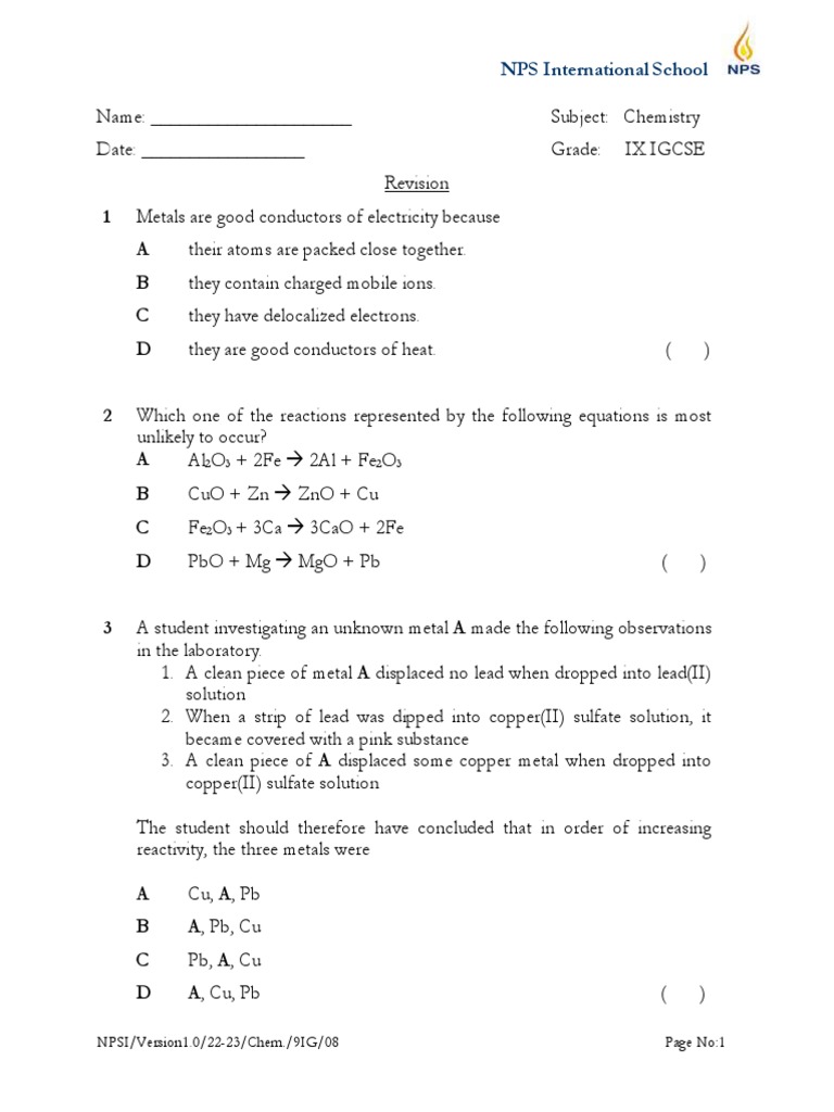 WS Grade 9 IG Chemistry 22-23 - SA 1 Revision Worksheet | PDF ...