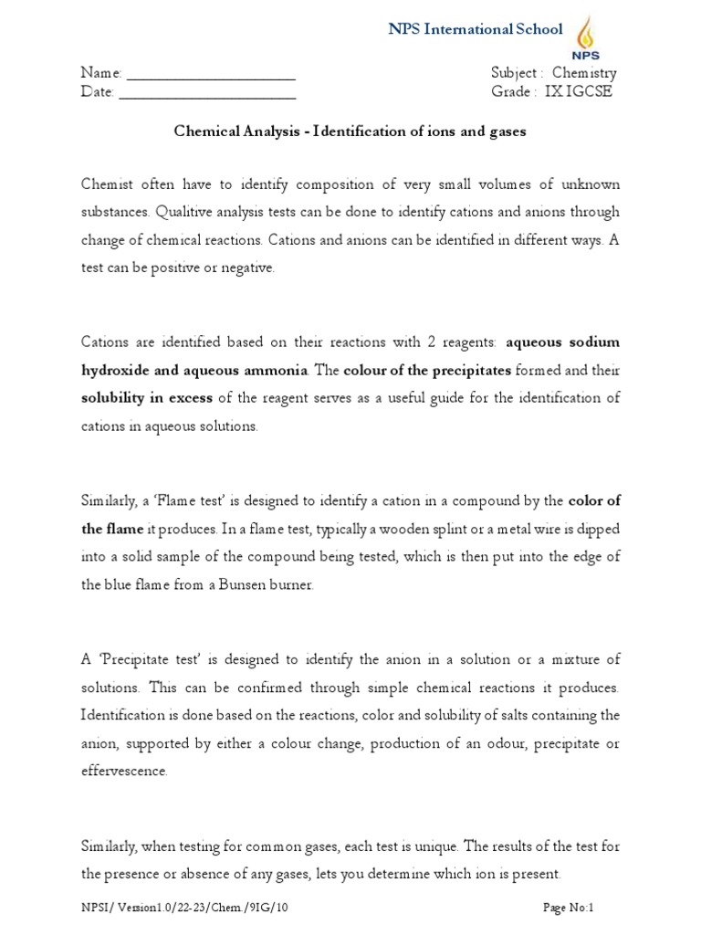 WS Grade 9 IG Chemistry 22-23 - Test For Ions and Gases | PDF ...