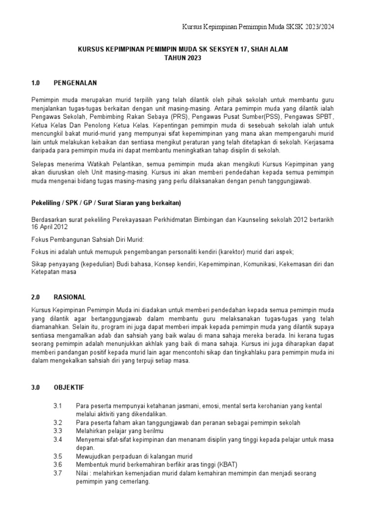 Kursus Kepimpinan Muda SKSK 2023 | PDF