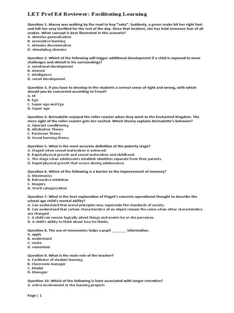 LET Prof Ed Reviewer Facilitating Learning | PDF | Learning | Thought