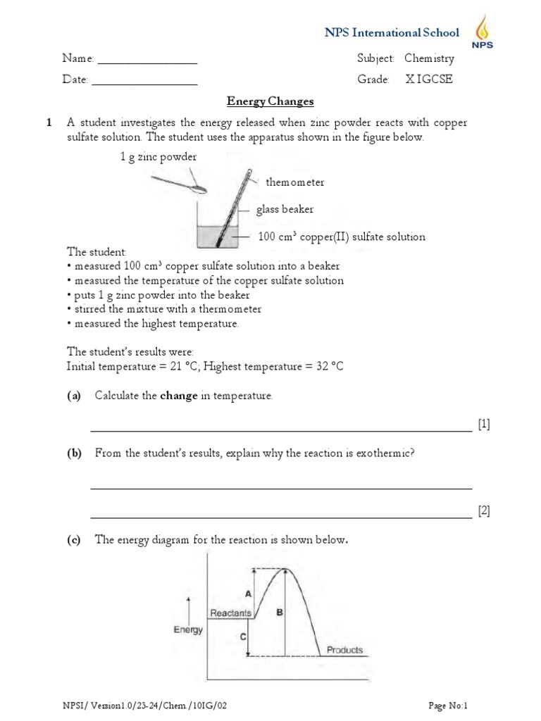 WS Grade 10 IG Chemistry 23-24 - Energy Changes | PDF | Chemical ...