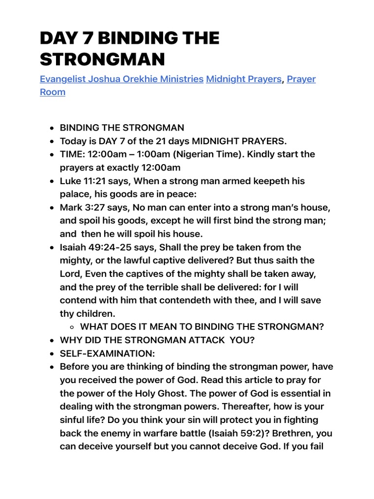 Day 7 Binding The Strongman - Evangelist Joshua | PDF | Prayer ...